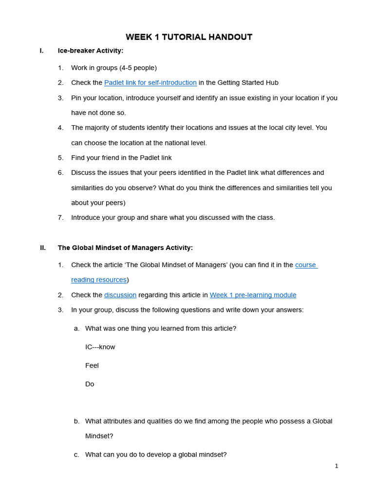 Week 1 Tutorial Handout | PDF | Mindset | Empathy