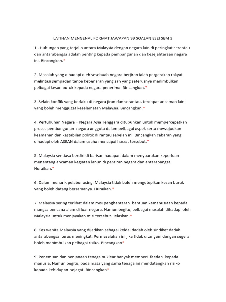 Latihan Mengenal Format Jawapan 99 Soalan Esei Sem | PDF