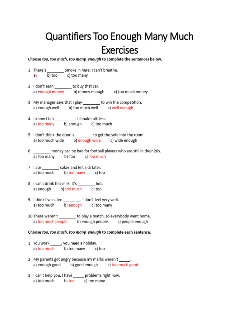 Quantifiers Too Enough Many Much Exercises | PDF | Career & Growth ...