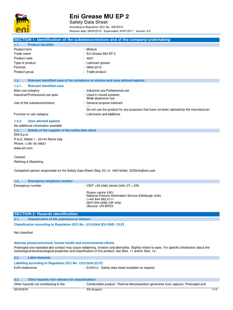 SDS Agip Eni-Grease-Mu-Ep-2 | PDF | Chemistry | Physical Sciences