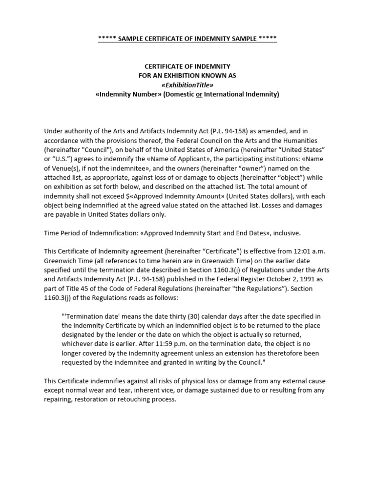 CERTIFICATE-OF-INDEMNITY-Sample-August2019 | PDF | Indemnity | Private Law