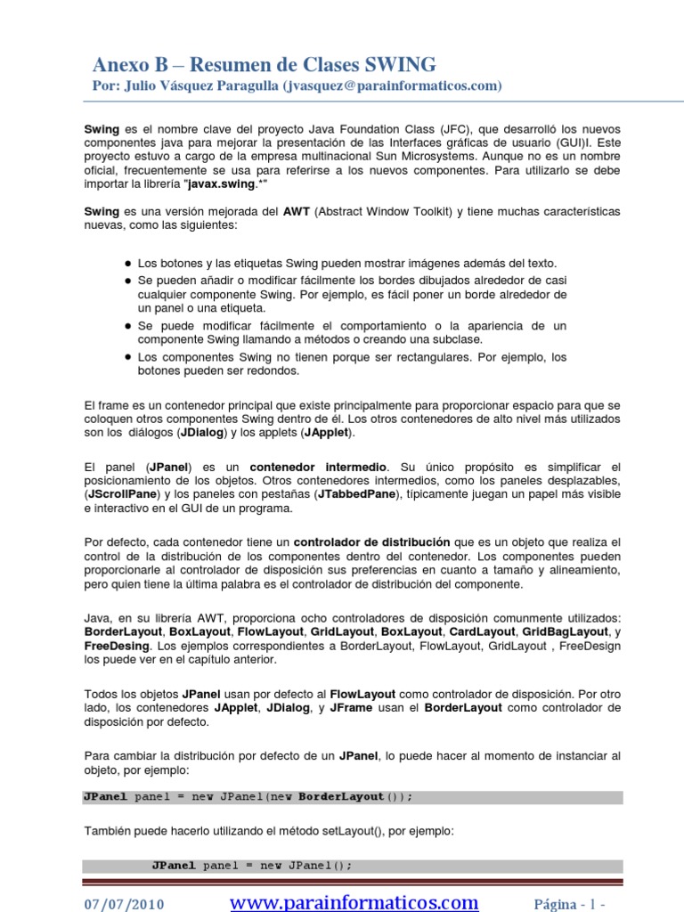 Anexob Swing | PDF | Java (lenguaje de programación) | Herencia (Programación Orientada a Objetos)