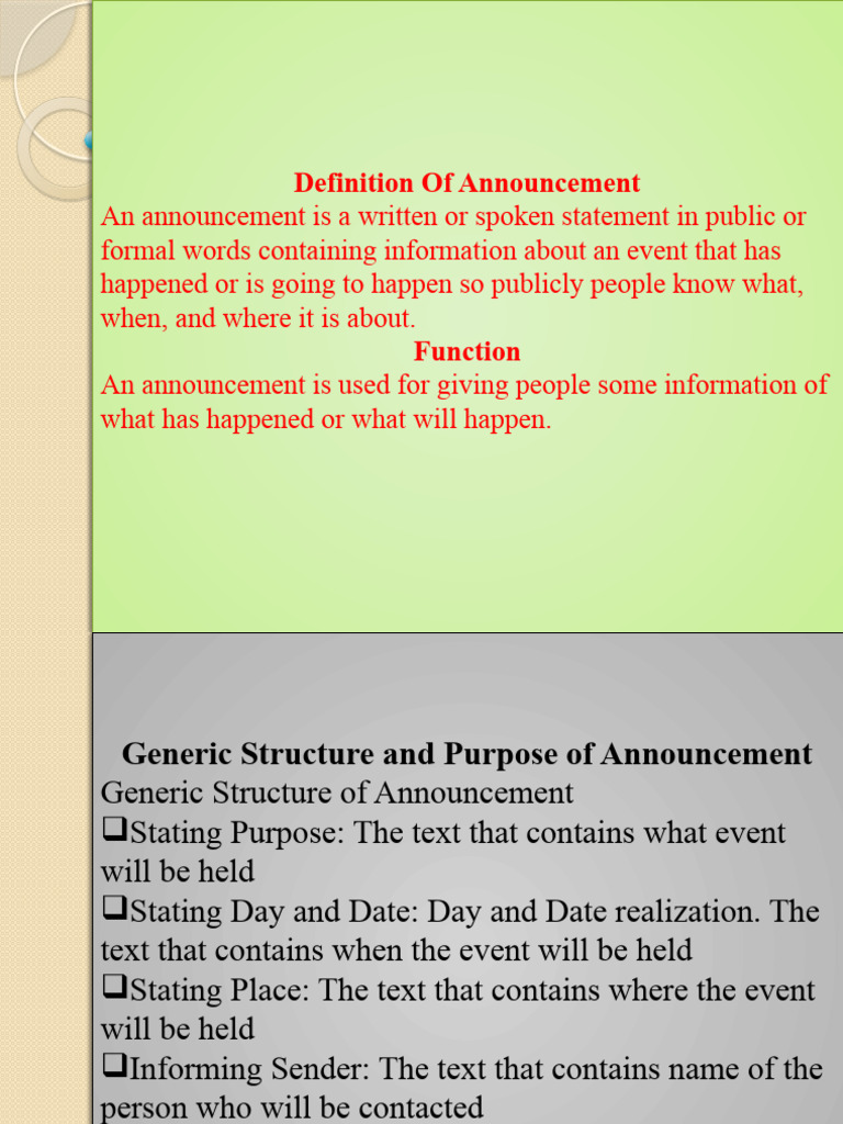 Definition of Announcement | PDF | Language Mechanics | Language Families