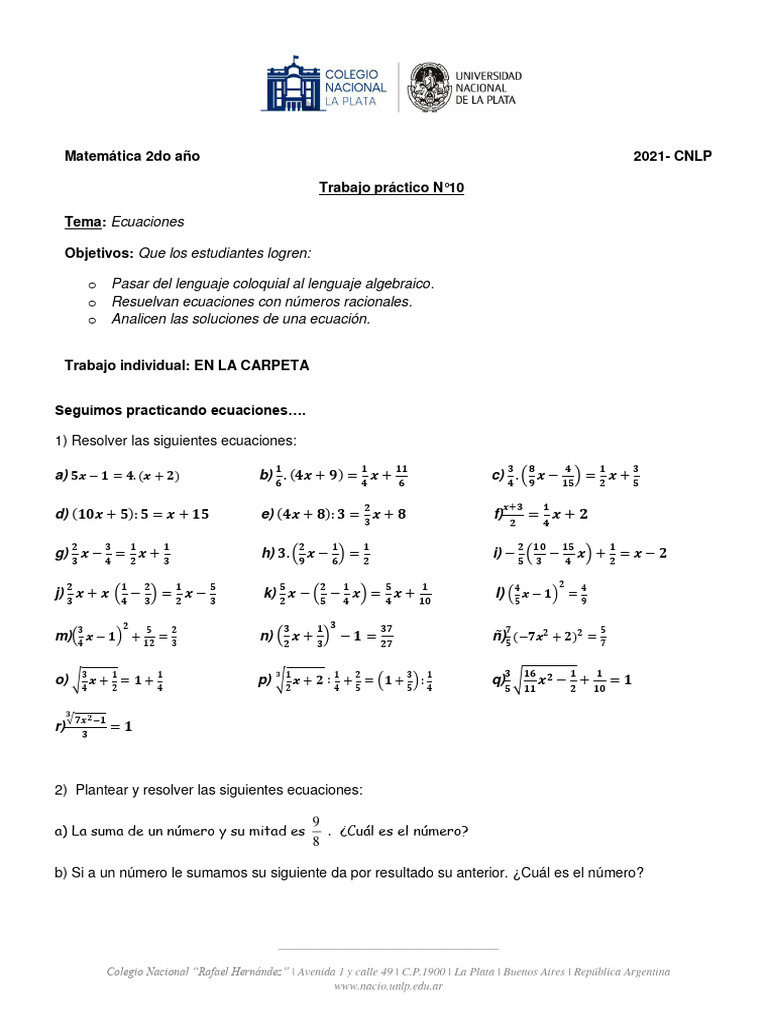2do Año Matemática - Práctico 10 | PDF | Ecuaciones | Álgebra