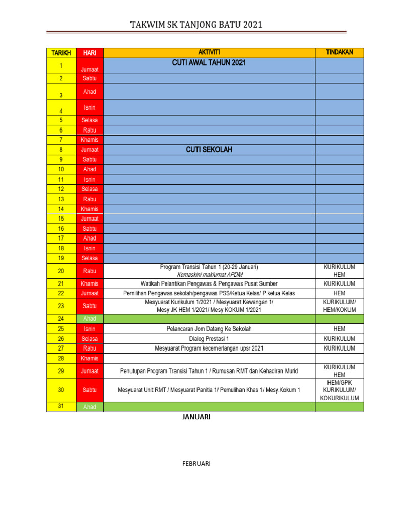 Takwim SK Tanjong Batu 2021 | PDF
