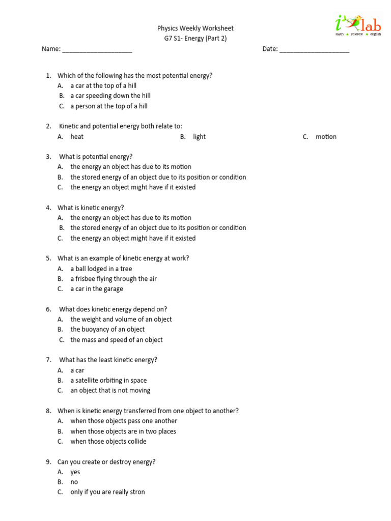 G7 SDB Worksheet Energy Part 2 | PDF