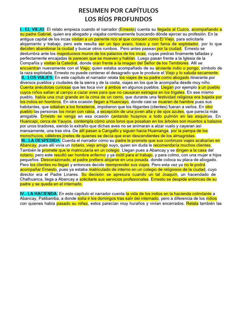 RESUMEN POR CAPÍTULOS Los rios profundos | PDF
