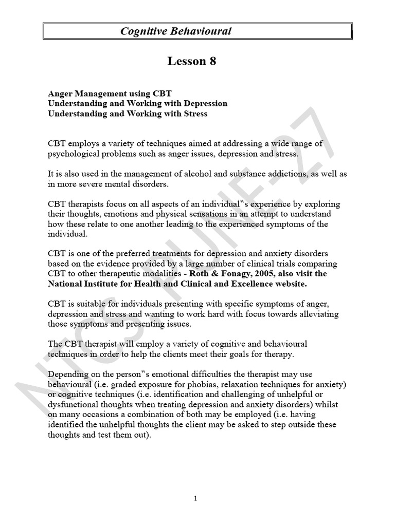 Lesson - 08 CBT | PDF | Major Depressive Disorder | Cognitive Behavioral Therapy