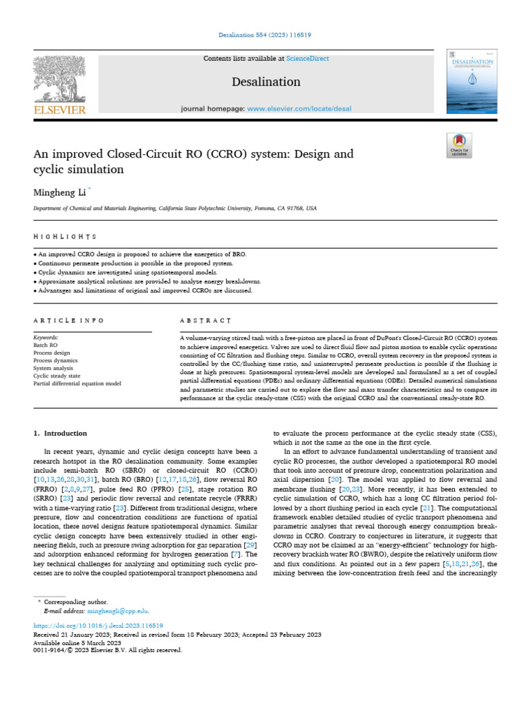 An Improved Closed-Circuit RO (CCRO) System - Design and Cyclic ...