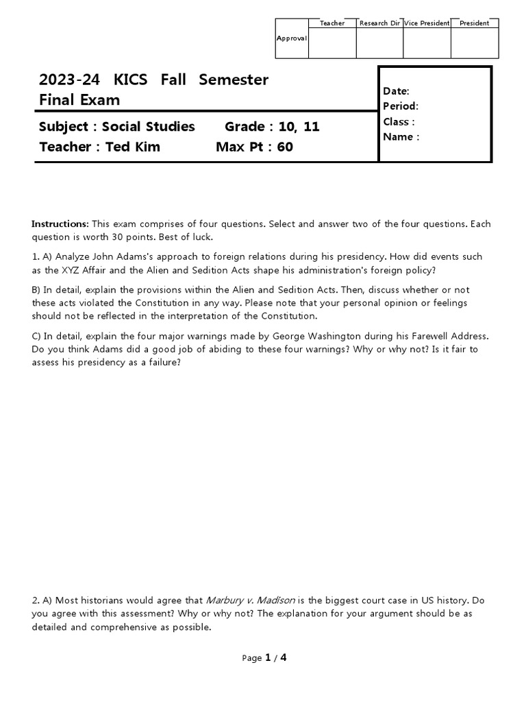 KICS Seocho G10-11 Social Studies Final Exam (2023 Fall Semester ...