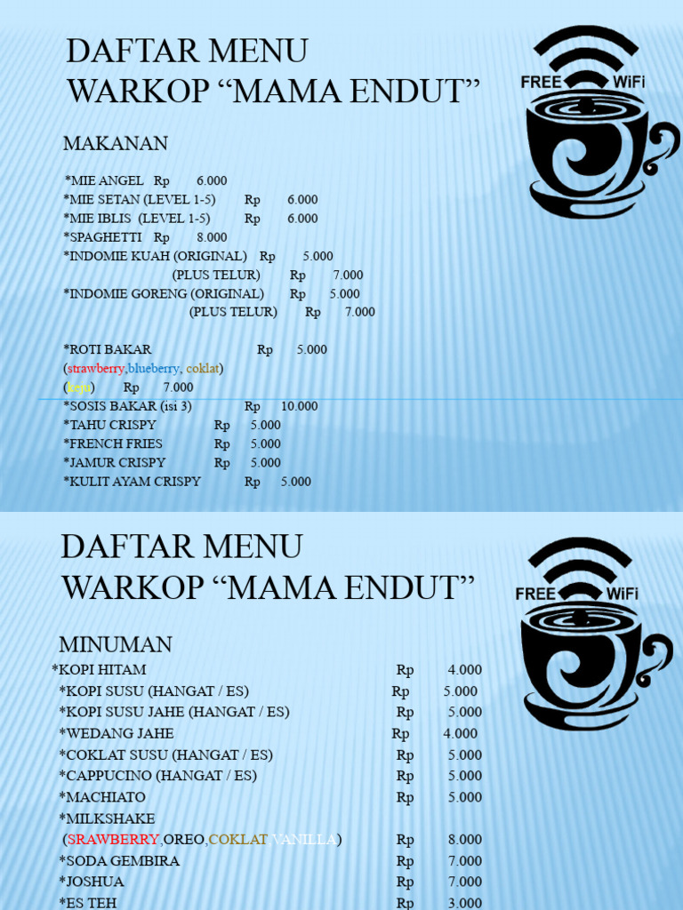 Menu Warkop Mama Endut Terlengkap | PDF