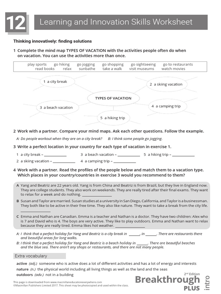Vacation Types and Recommendations Worksheet | PDF