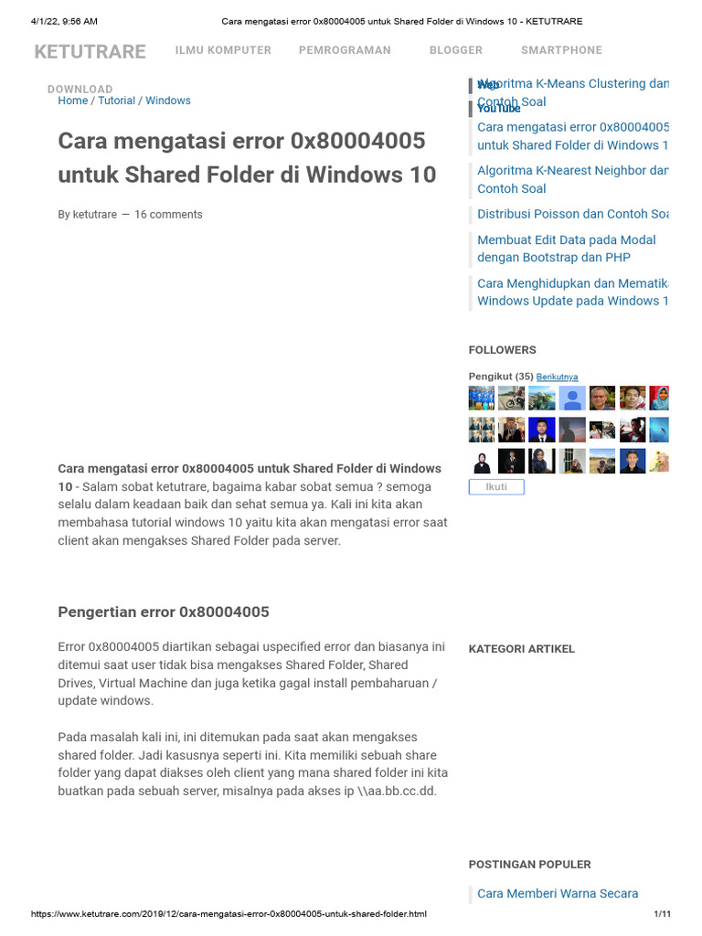 Cara Mengatasi Error 0x80004005 Untuk Shared Folder Di Windows 10 - KETUTRARE | PDF