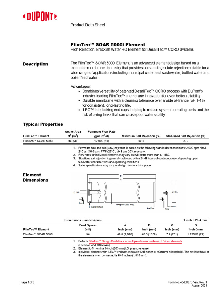 FilmTec SOAR 5000i PDS 45 D03707 en | PDF | Membrane | Materials