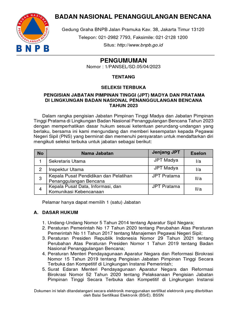 PENGUMUMAN NO 1 PANSEL 2023-PENGISIAN JABATAN PIMPINAN TINGGI (JPT) MADYA DAN PRATAMA - Sign | PDF