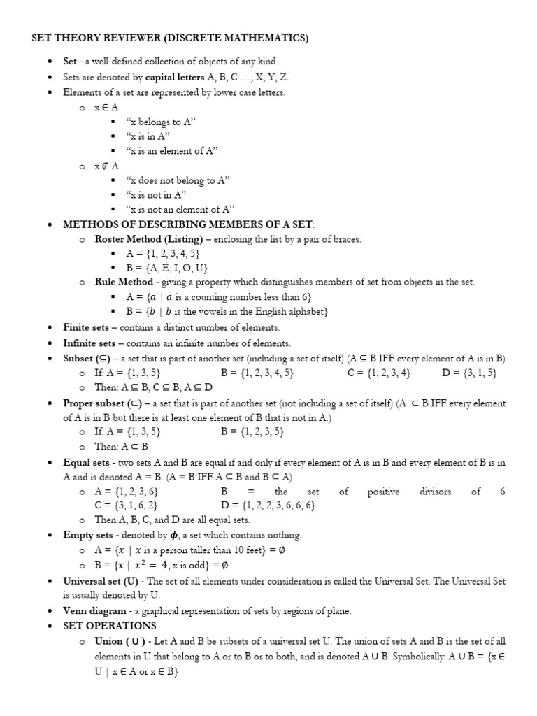 Set Theory Reviewer | PDF | Set (Mathematics) | Empty Set