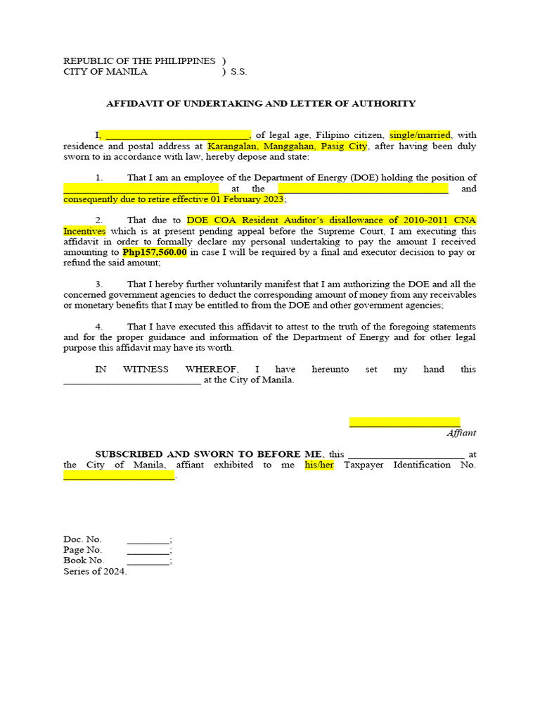 Affidavit of Undertaking CNA Blank | PDF | Finance & Money Management