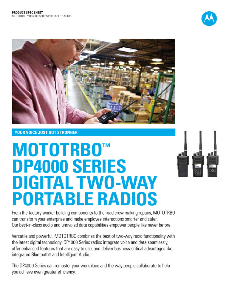 MotoTRBO DP4000 Spec Sheet | PDF | Radio | Bluetooth