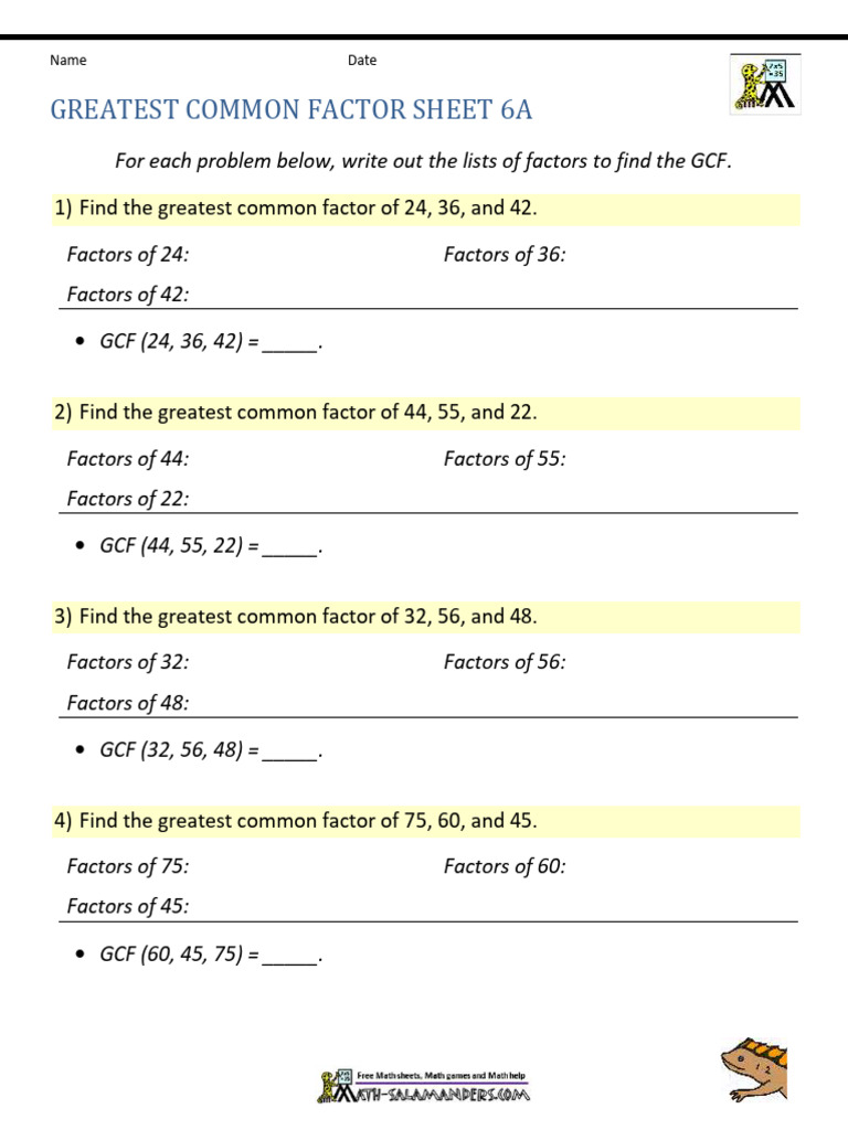 Greatest Common Factor Sheet 6a | PDF | Teaching Methods & Materials ...