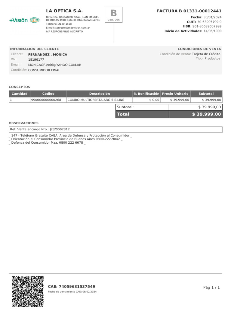 Factura Óptica: Compra Combo MultiOferta | PDF