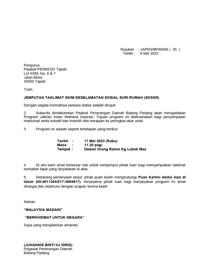 Surat Jemputan Penceramah Perkeso | PDF