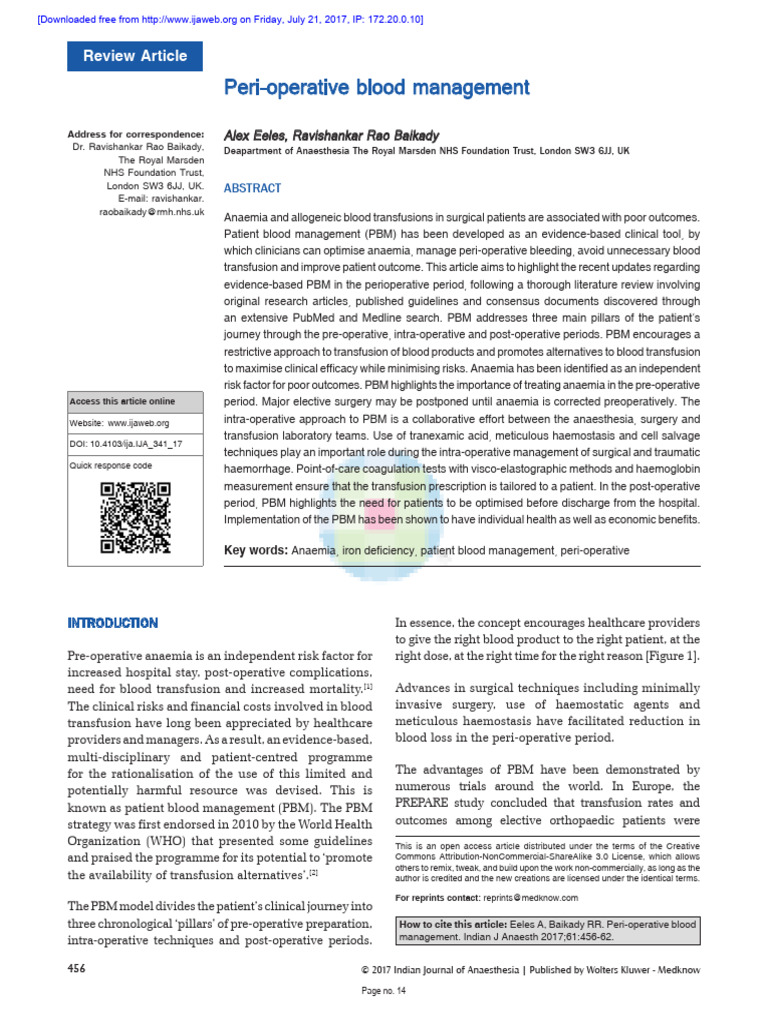 Peri Operative Blood Management | PDF | Anemia | Health Care