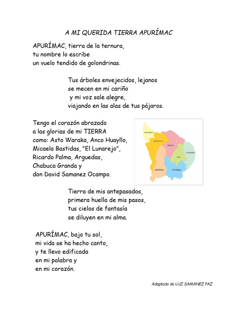 A MI QUERIDA TIERRA APURÍMAC - Poema | PDF