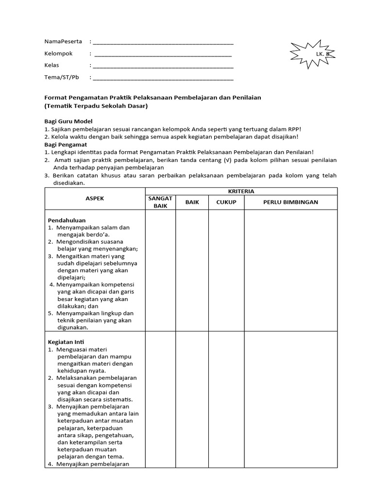 LK 8 Format Pengamatan Praktik Pelaksanaan Pembelajaran Dan Penilaian | PDF | Karier ...