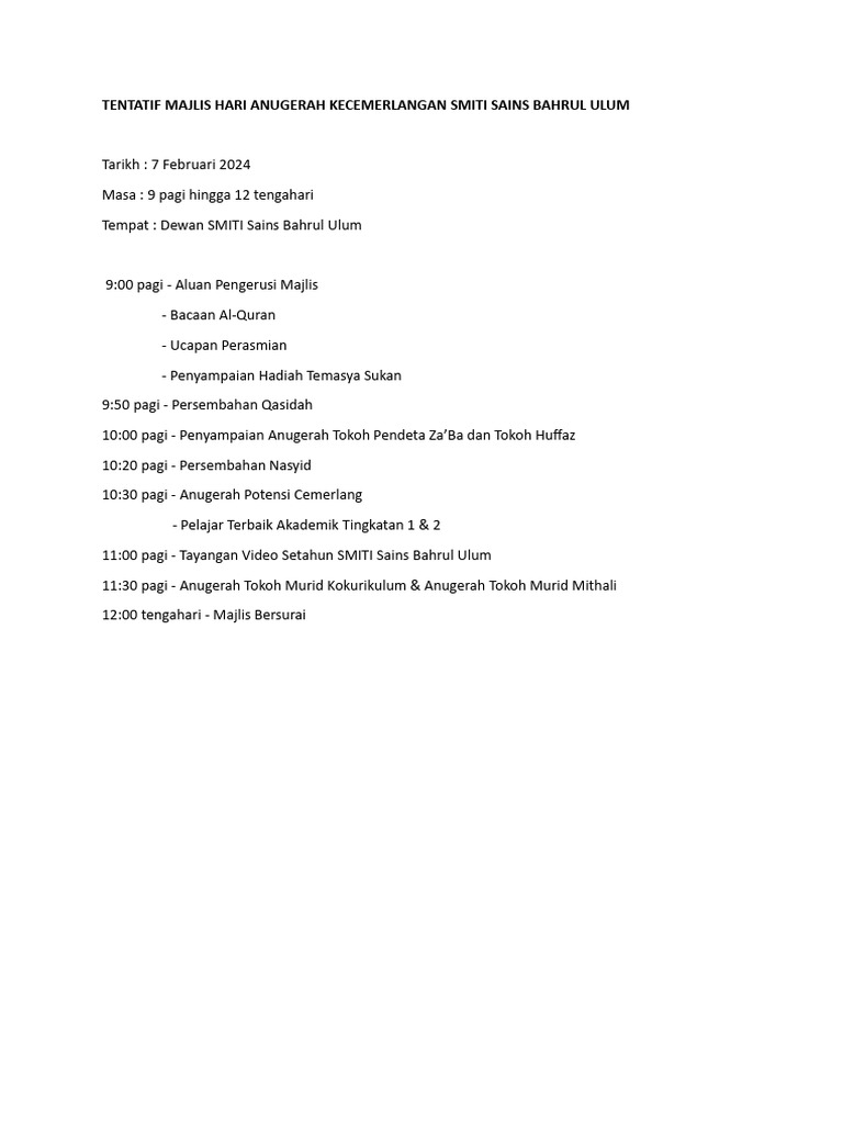 Tentatif Majlis Hari Anugerah Kecemerlangan Smiti Sains Bahrul Ulum | PDF Tentatif Majlis Hari Anugerah Kecemerlangan Smiti Sains Bahrul Ulum | PDF