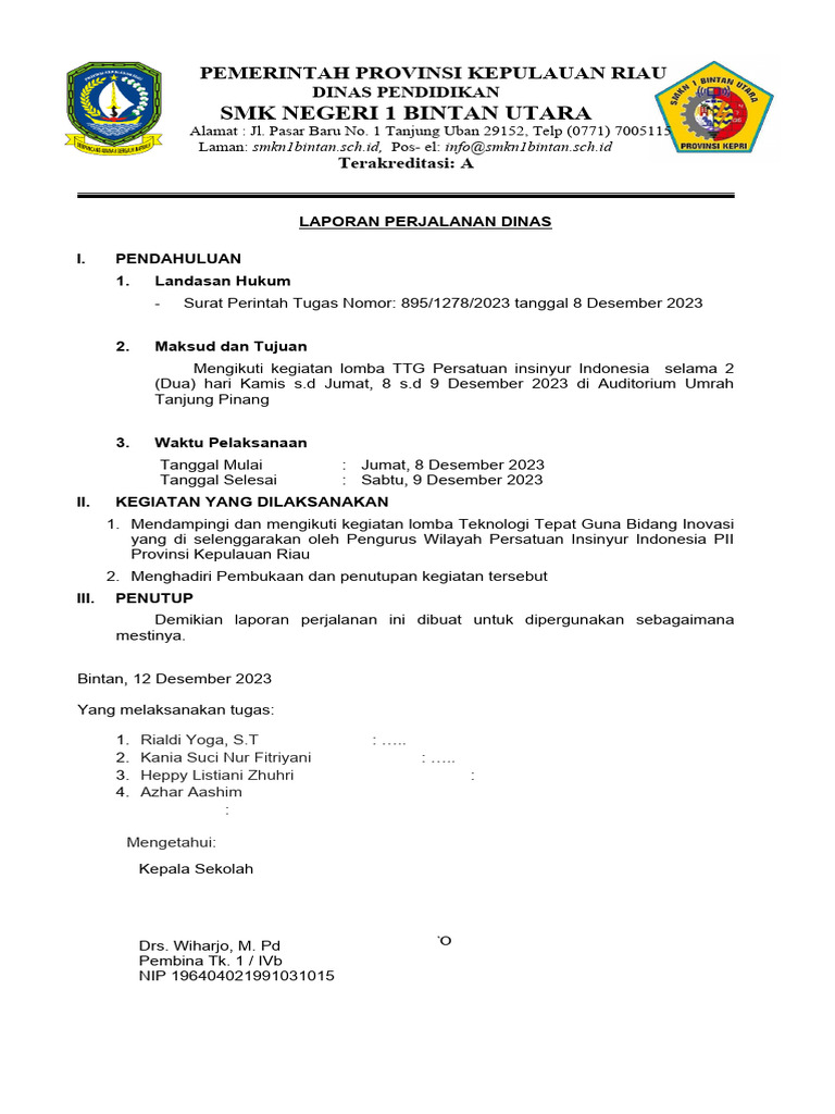 Format Laporan Perjalanan Dinas | PDF | Sains & Matematika