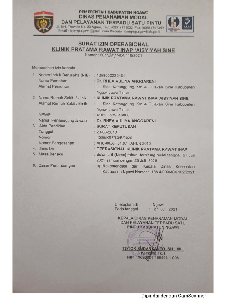 Surat Izin Operasional Klinik Aisyiyah Sine | PDF