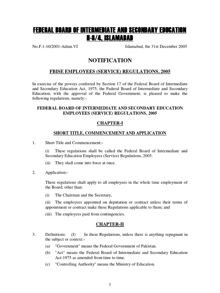FBISE Employees Service Regulations 2005 | PDF | Academic Degree ...