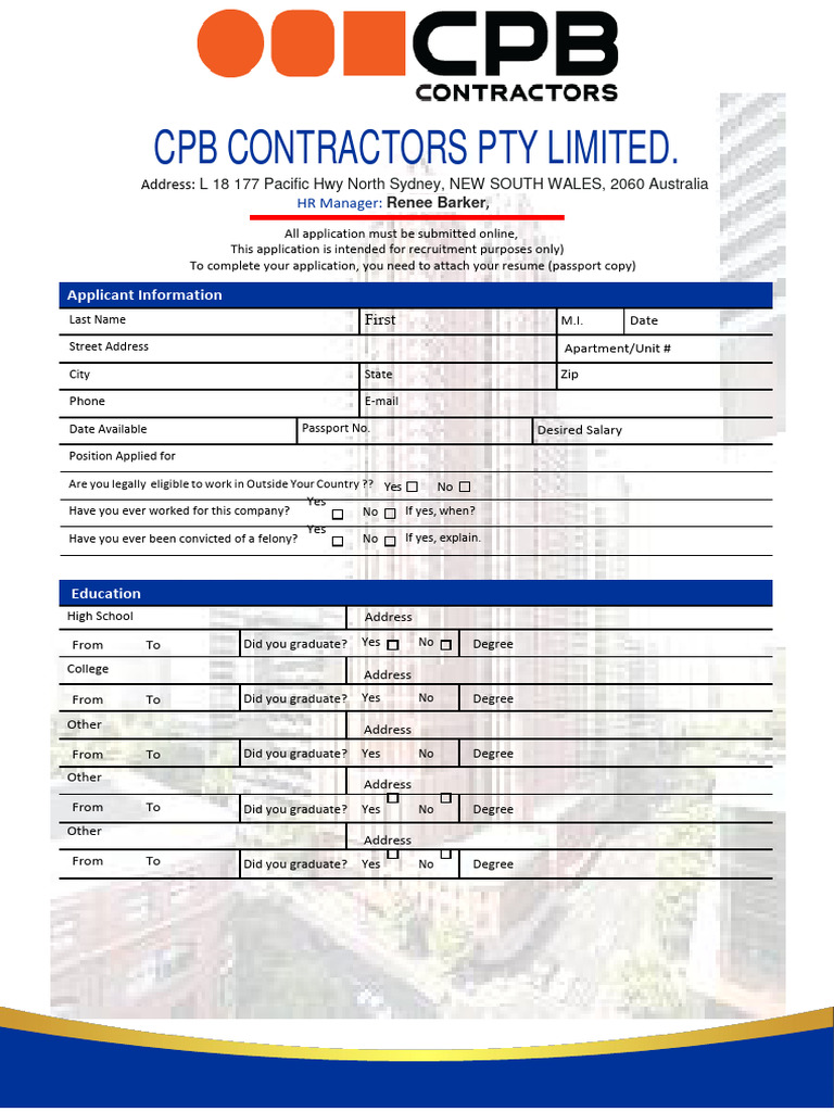 CPB Contractors Pty Limited Application Form | PDF | Employment | Justice