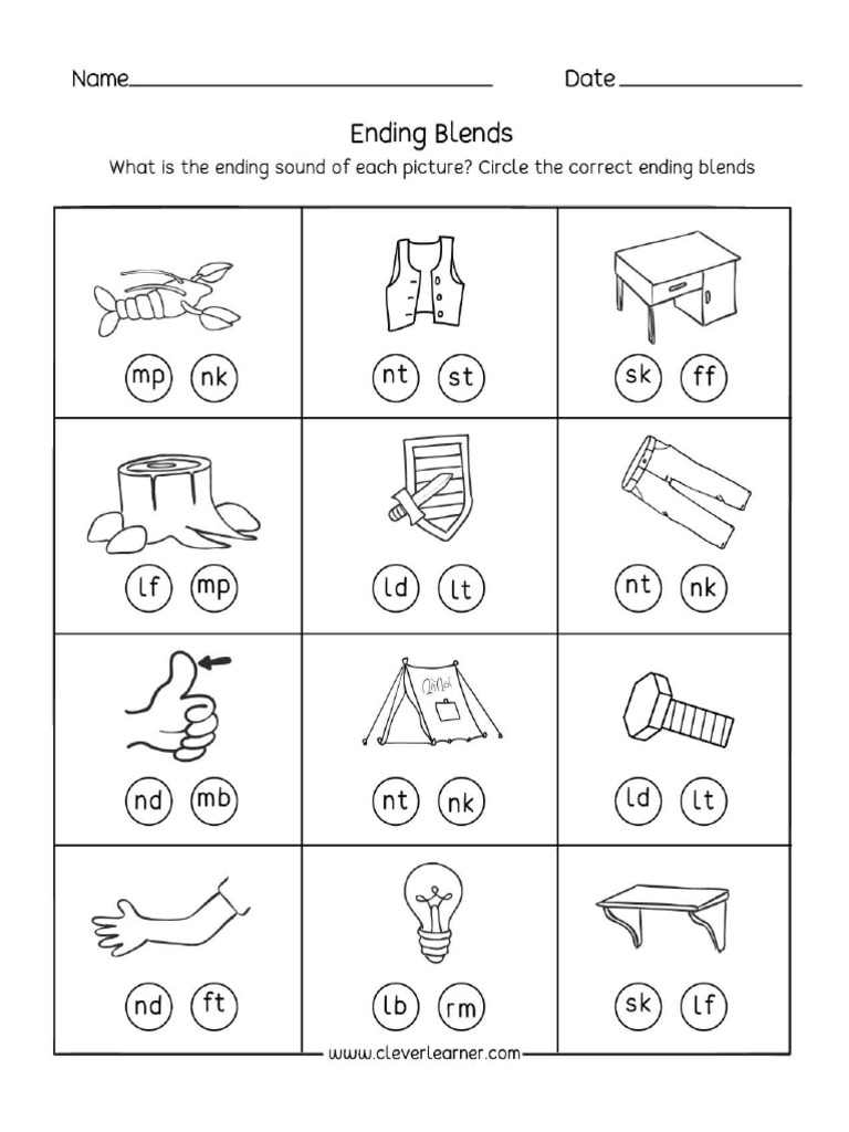 Ending Consonant Blends Kindergarten Activity Printables - 1k | PDF