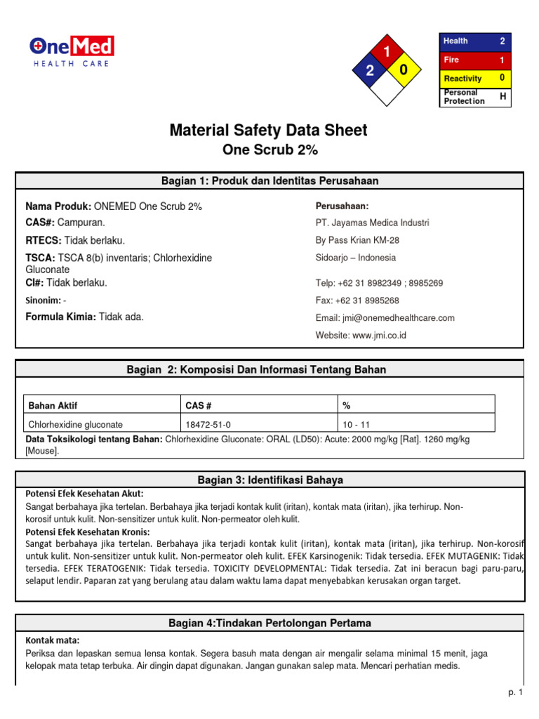 Msds One Scrub 2% - Ind | PDF | Kesehatan Holistik