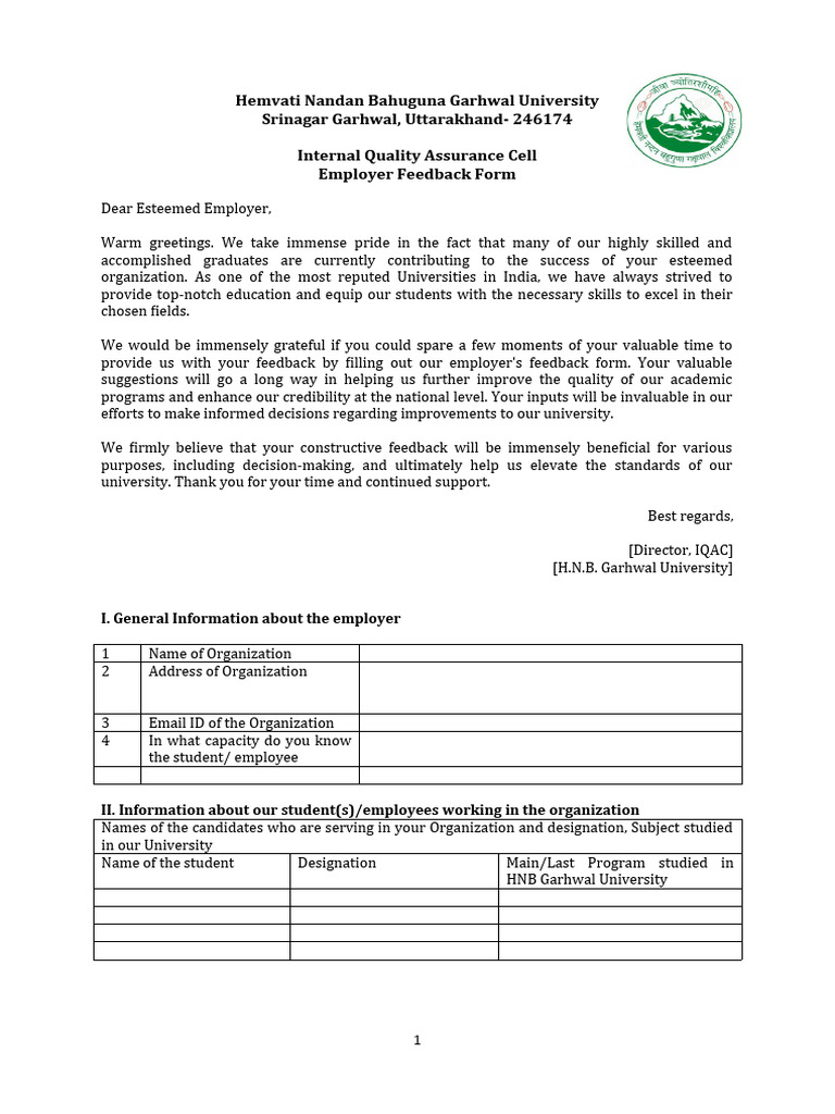 HNBGU-Employer - Feedback - Form Blank | PDF | Cognitive Science | Behavioural Sciences