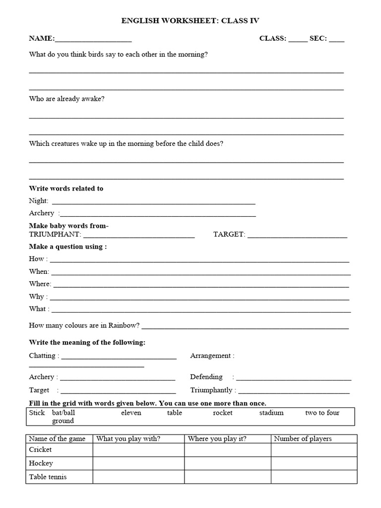 English Question Answer Worksheet Class IV B 09 09 2014 Final | PDF ...