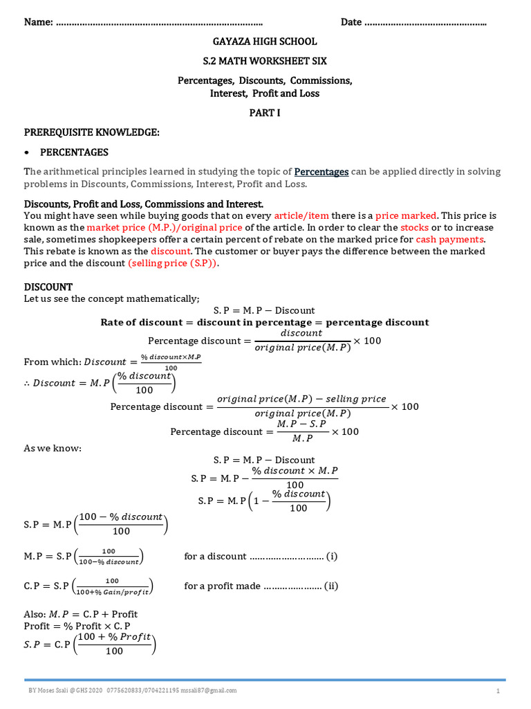 S.2 Math Worksheet: Discounts & Percentages | PDF | Percentage | Prices