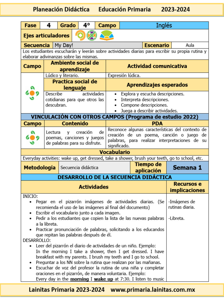 Planeación Didáctica Inglés 4° Primaria | PDF | Aprendizaje ...