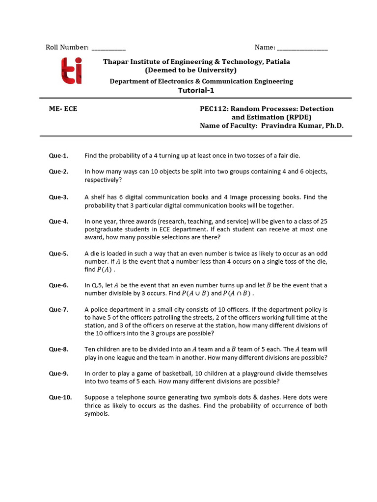 Tutorial-1 | PDF | Probability Theory