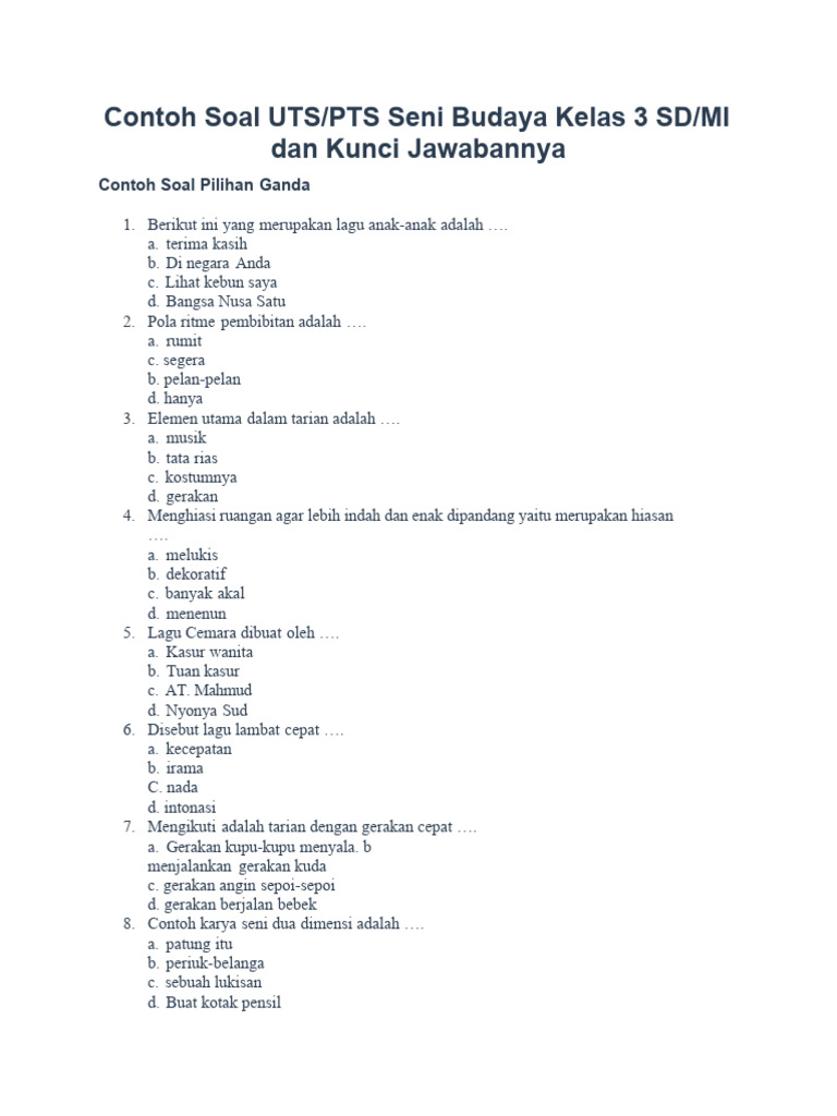 Contoh Soal UTS Seni Budaya Kelas 3 SD | PDF