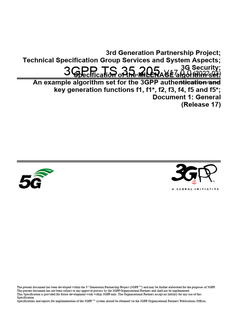 3GPP TS 35.205: Technical Specification | PDF | Cryptography | 3 Gpp