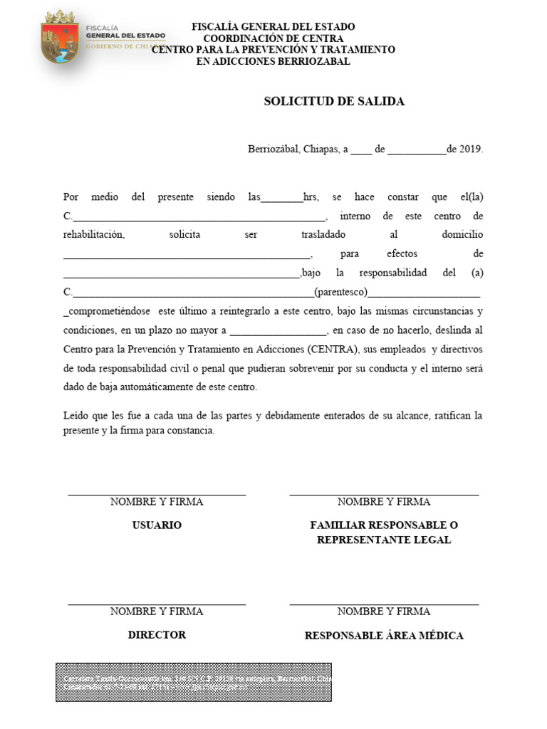 Solicitud de Salida en Centro de Adicciones | PDF | Justicia | Crimen y ...