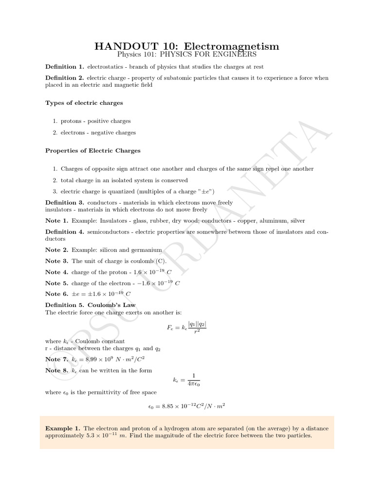 Handout 10 Electromagnetism | PDF | Electric Charge | Electron
