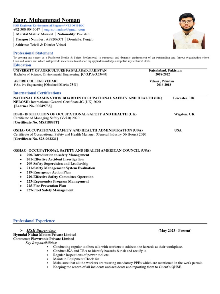 CV. (Engr. Muhammad Noman) | PDF | Occupational Safety And Health | Safety