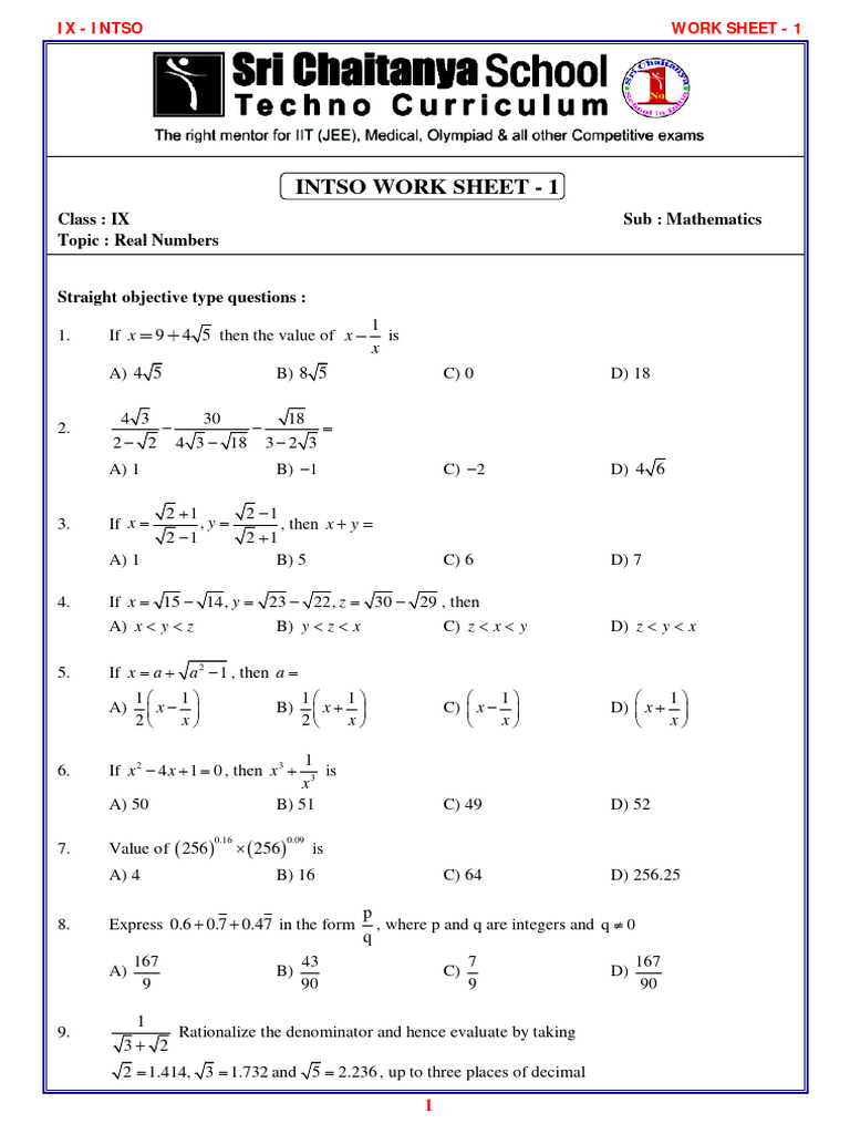 9 - Class INTSO Work Sheet - 1 - Real Numbers | PDF | Mathematics | Arithmetic