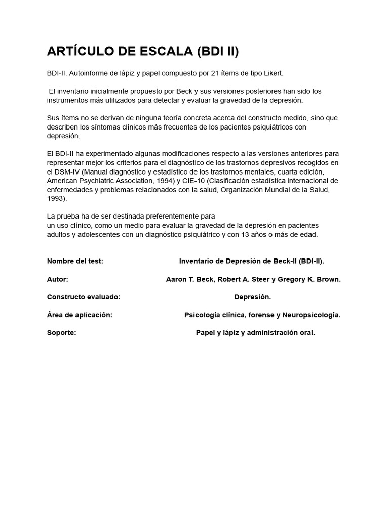 Inventario de Depresión BDI-II: Evaluación Clínica | PDF | Relaciones ...