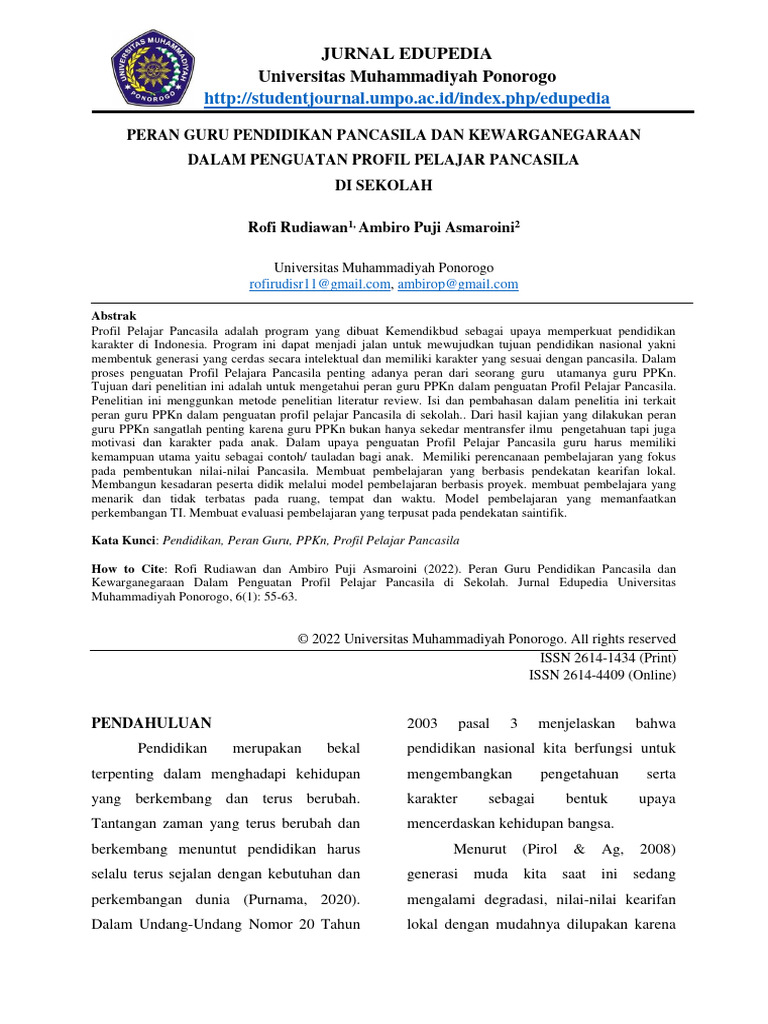 Peran Guru Pendidikan Pancasila Dan Kewarganegaraan Dalam Penguatan Profil Pelajar Pancasila Di ...