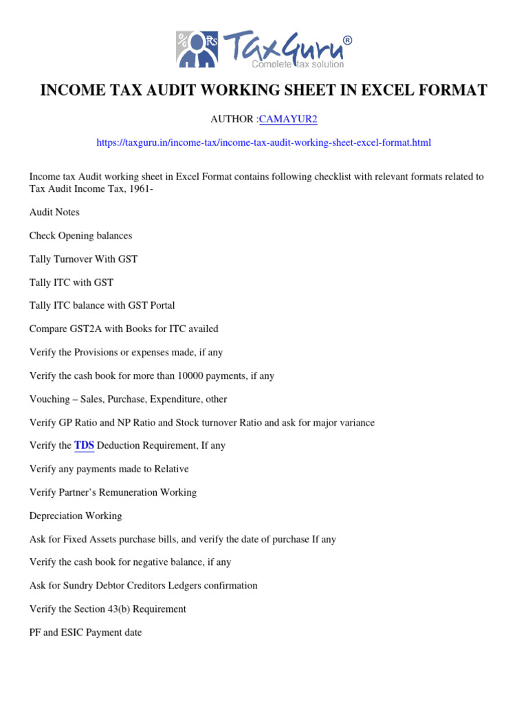 Income Tax Audit Checklist in Excel | PDF | Finance & Money Management ...