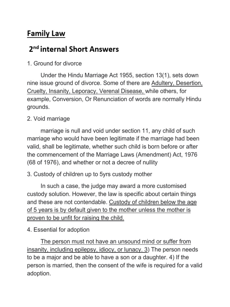 Family Law 2nd Internal Short Answers | PDF